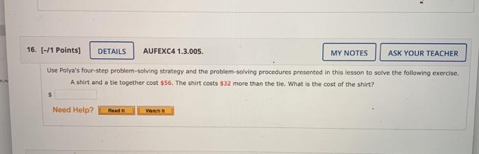 Solved 16. (-/1 Points) DETAILS AUFEXC4 1.3.005. MY NOTES | Chegg.com