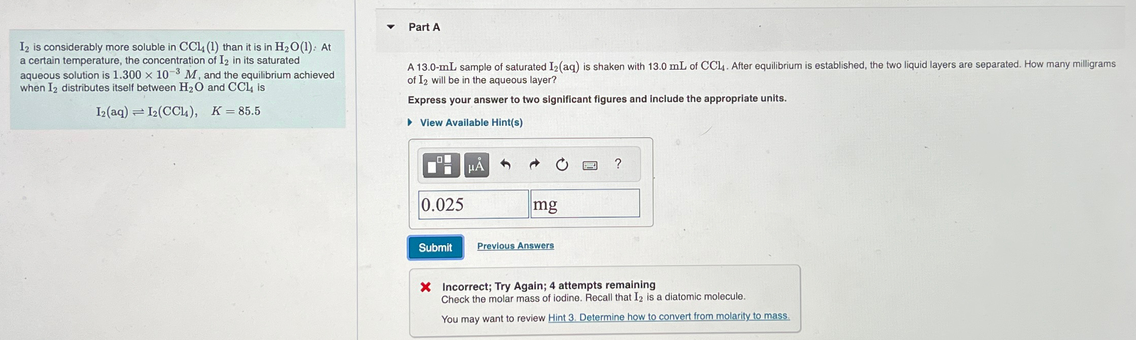 Solved I2 ﻿is considerably more soluble in CCl4(l) ﻿than it | Chegg.com