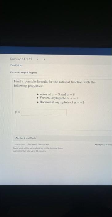 Solved Find a possible formula for the rational function | Chegg.com