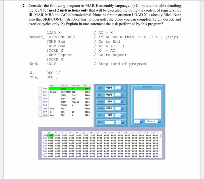 2. Consider the following program in MARIE assembly | Chegg.com