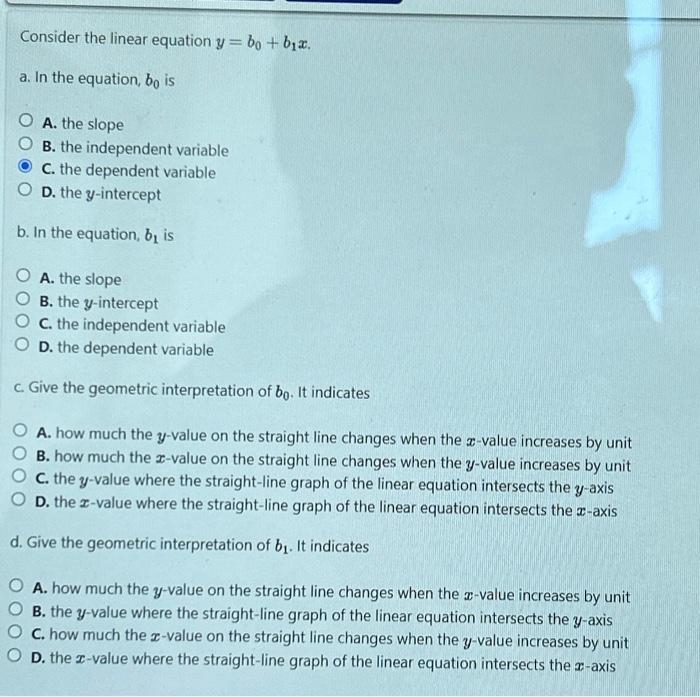 Solved Consider the linear equation y=b0+b1x. a. In the | Chegg.com