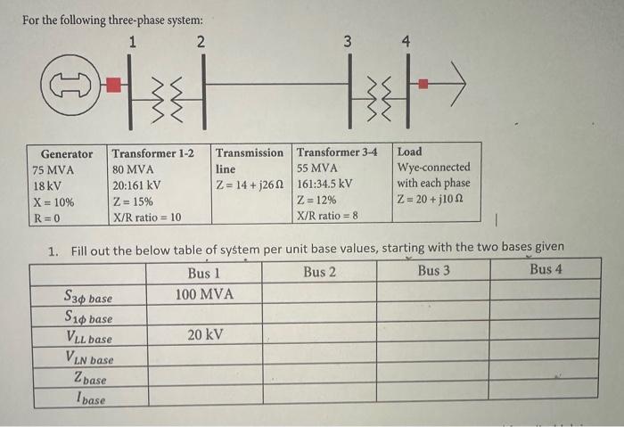 [Solved]: For the following three-phase system: 1. Fill out