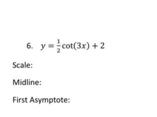 Solved 6. y = {cot(3x) +2 Scale: Midline: First Asymptote: | Chegg.com