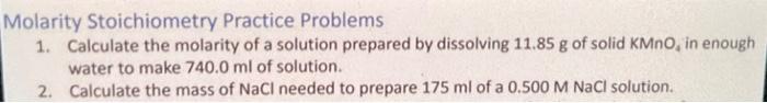 Solved Molarity Stoichiometry Practice Problems 1. Calculate | Chegg.com