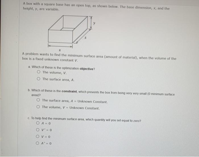 Solved A box with a square base has an open top, as shown | Chegg.com