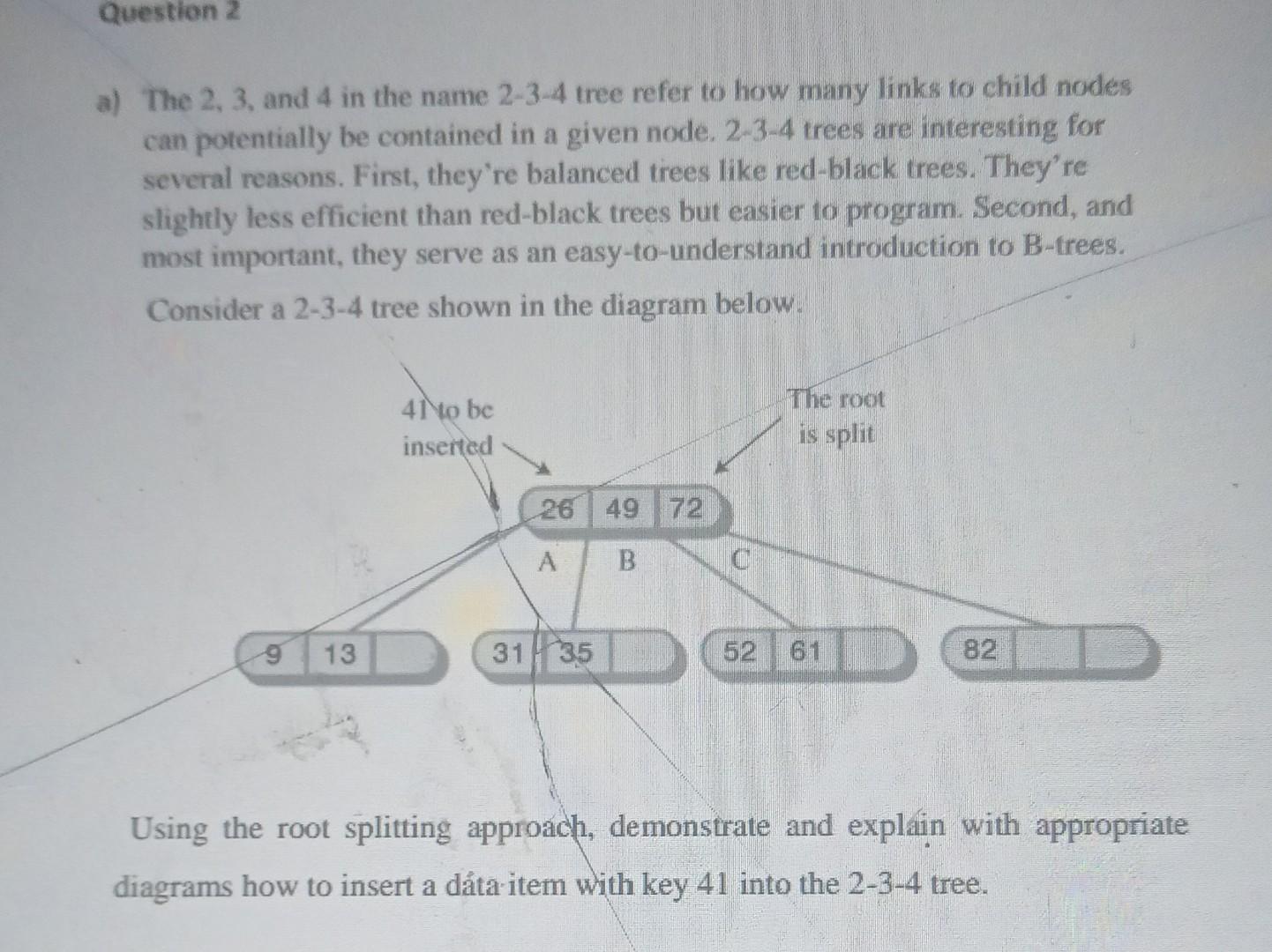 Solved a) The 2,3 , and 4 in the name 2-3-4 tree refer to | Chegg.com