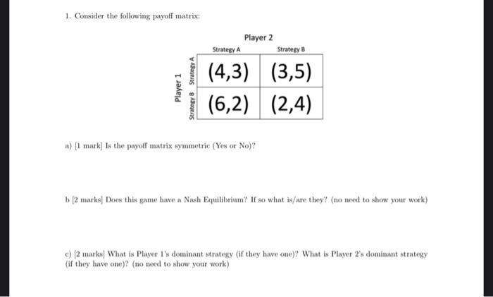 Solved 1. Consider the following payoff matrix: a) [ 1 mark] | Chegg.com