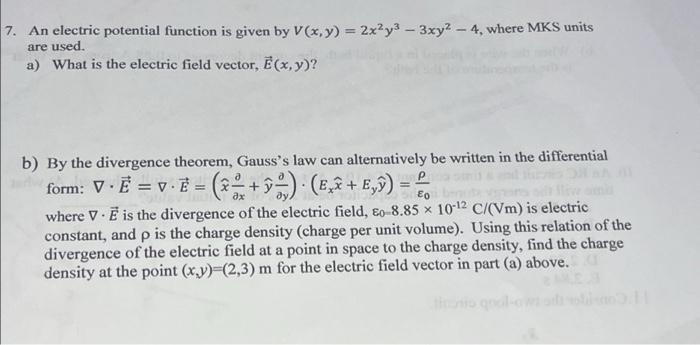 Solved 7. An electric potential function is given by V(x,y) | Chegg.com