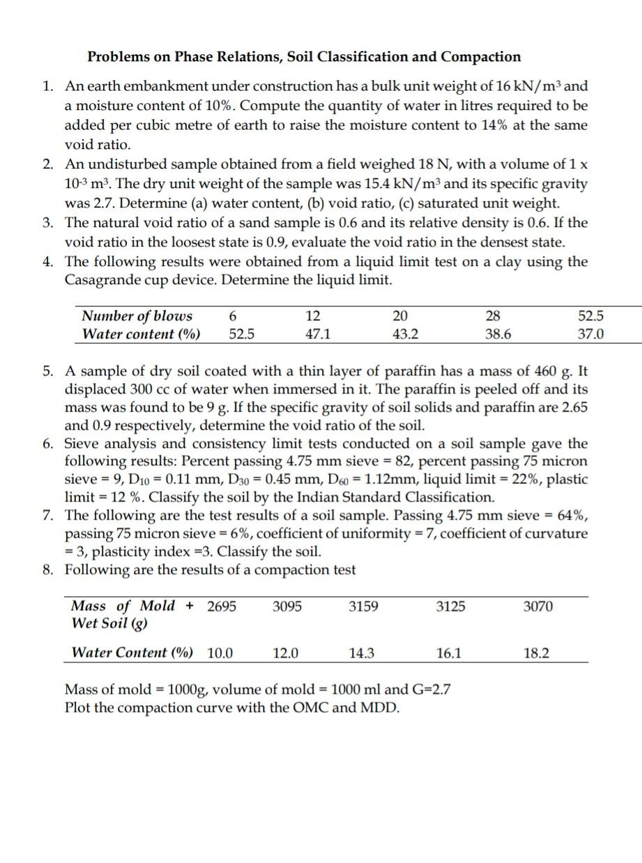 Solved Problems on Phase Relations, Soil Classification and | Chegg.com