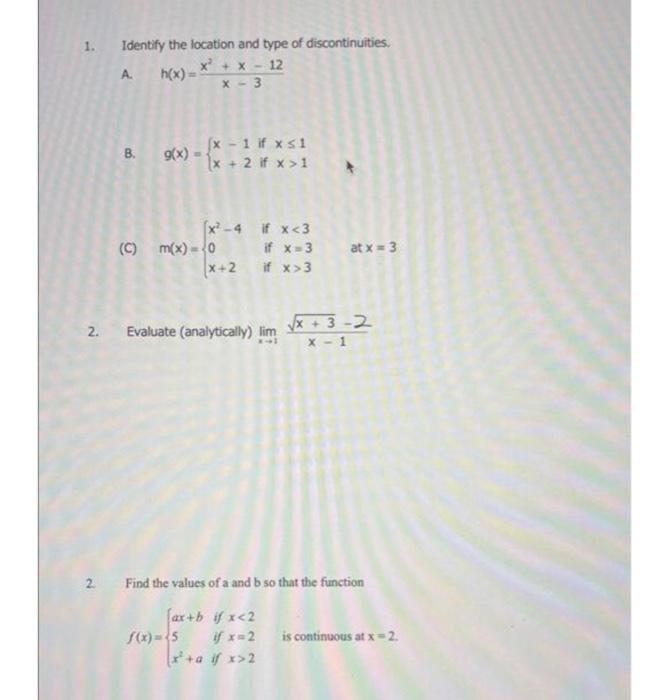 Solved 1. Identify the location and type of discontinuities. | Chegg.com