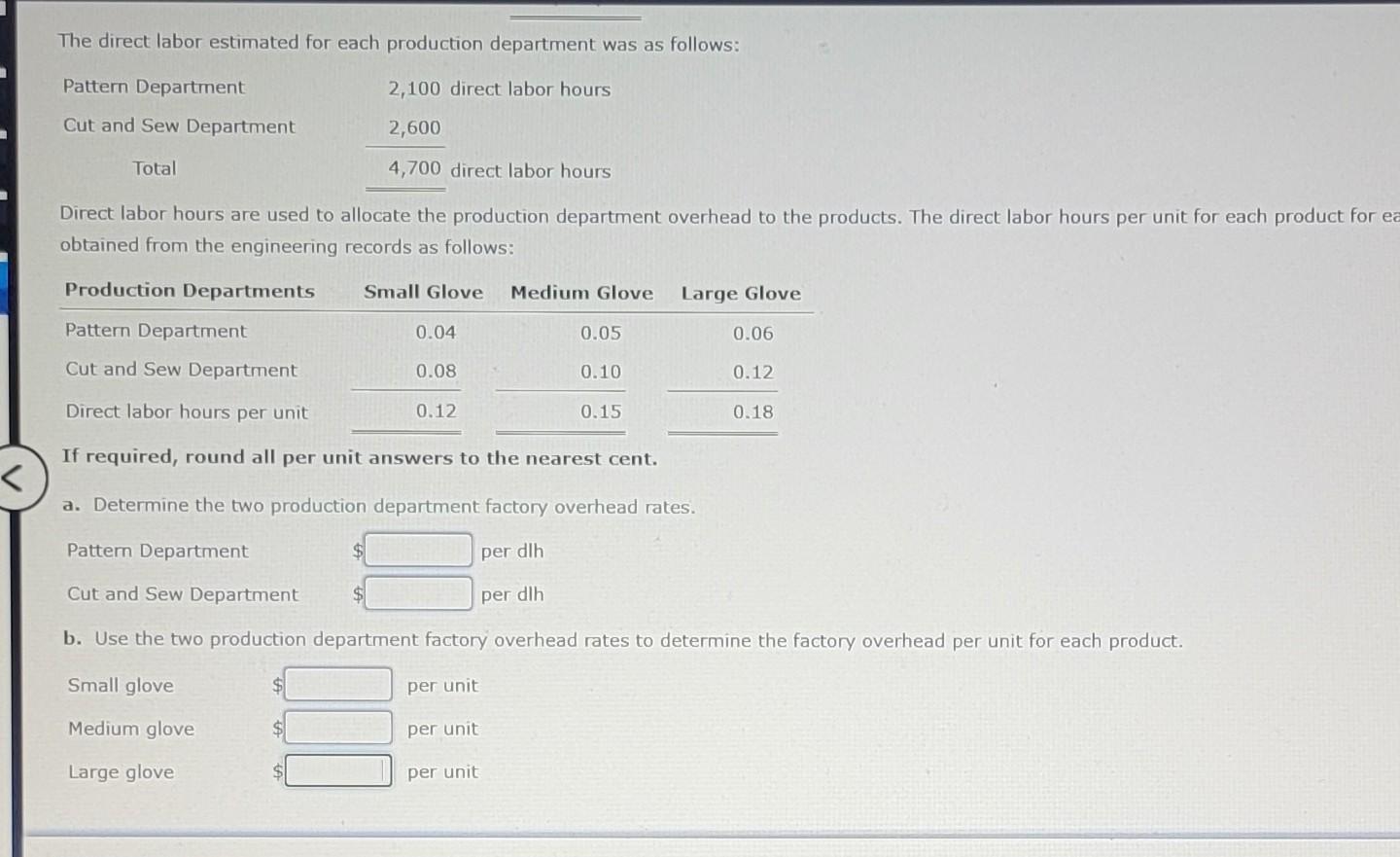 Solved The direct labor estimated for each production | Chegg.com