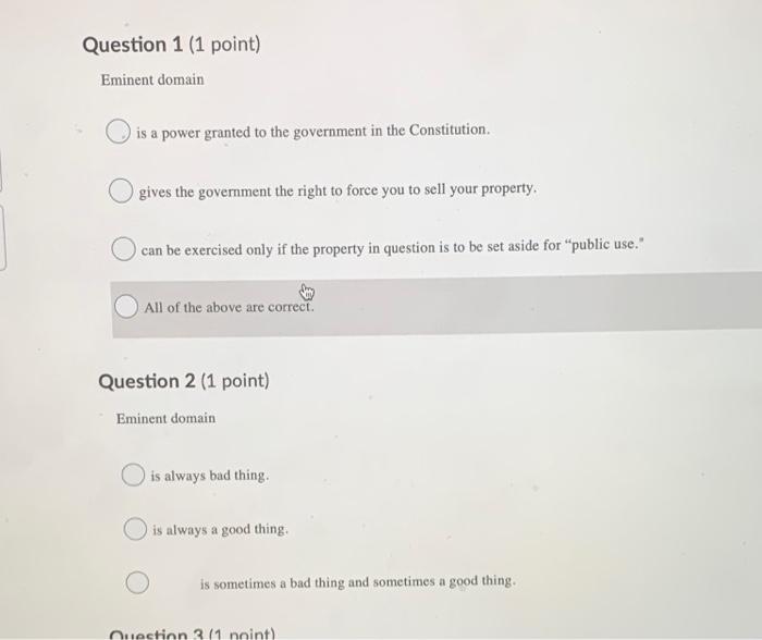 Solved Question 1 (1 point) Eminent domain is a power | Chegg.com