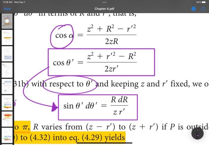 Solved cosacosθ′=2zRz2+R2−r′2=2zr′z2+r′2−R2 with respect to | Chegg.com