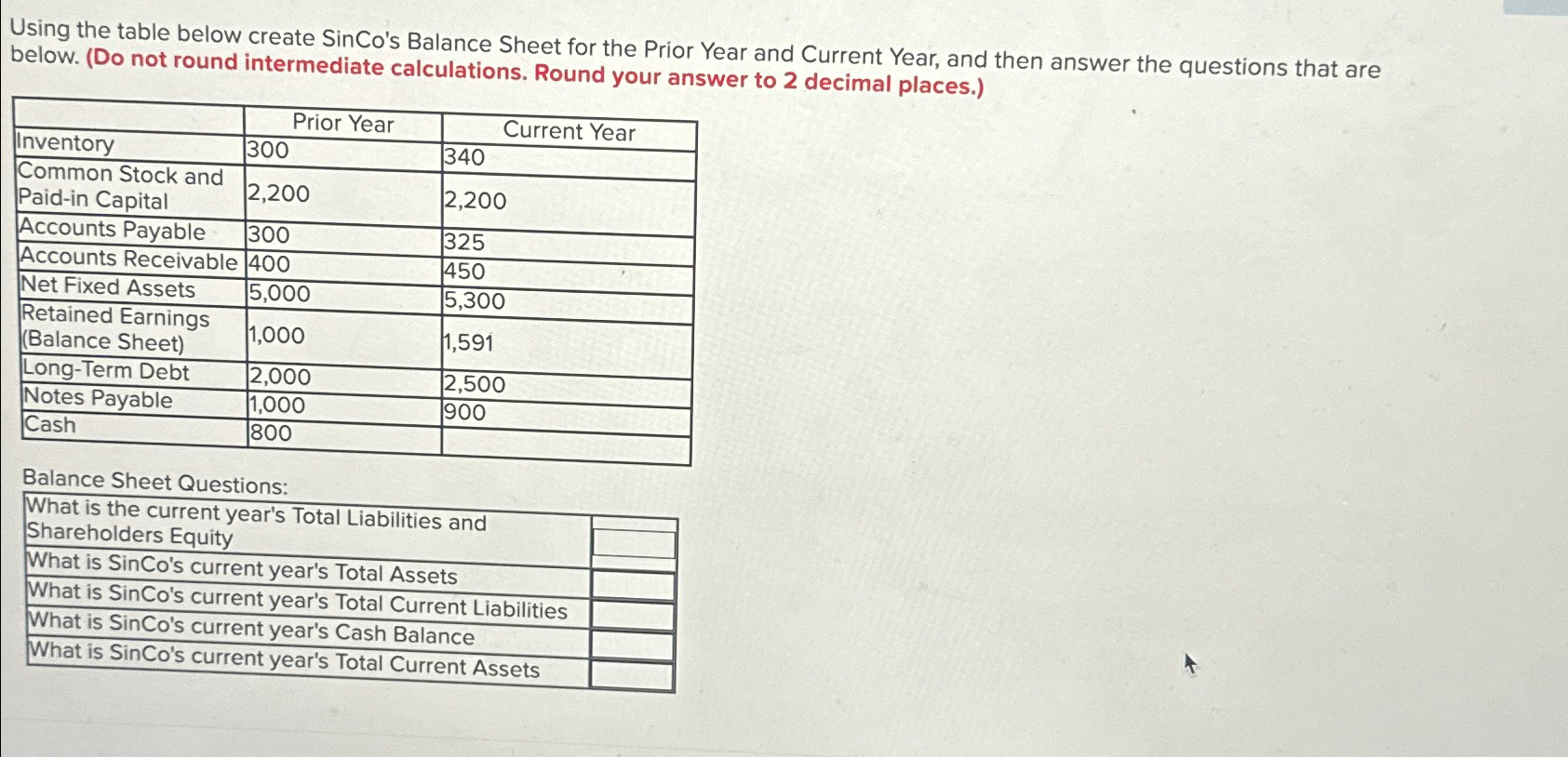 Using the table below create SinCo's Balance Sheet | Chegg.com