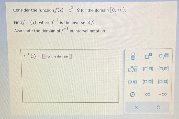 Solved Consider the function f(x)=x2+9 for the domain [0,∞). | Chegg.com