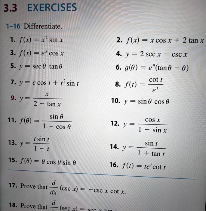 Solved 1-16 Differentiate. 1. f(x)=x2sinx 2. | Chegg.com