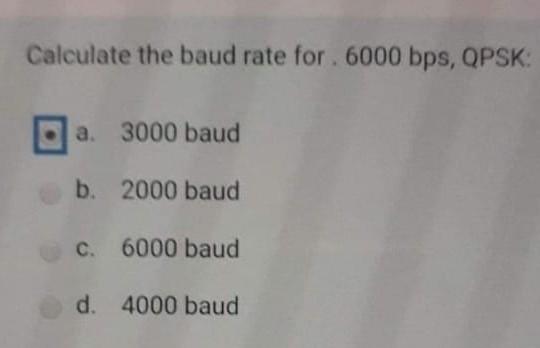 Solved Calculate the baud rate for. 6000 bps, QPSK: a 3000 | Chegg.com