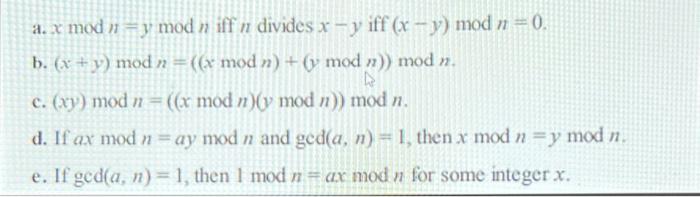 Solved a. xmodn=ymodn iff n divides x−y iff (x−y)modn=0. b. | Chegg.com
