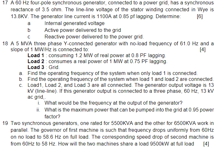 Solved 17 ﻿A 60Hz ﻿four-pole synchronous generator, | Chegg.com