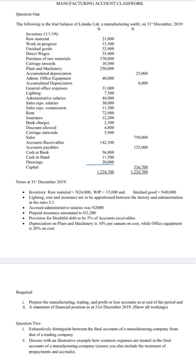 Solved MANUFACTURING ACCOUNT CLASSWORK The following the | Chegg.com