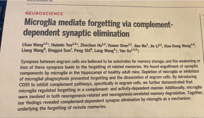 Solved NEUROSCIENCE Microglia mediate forgetting via | Chegg.com