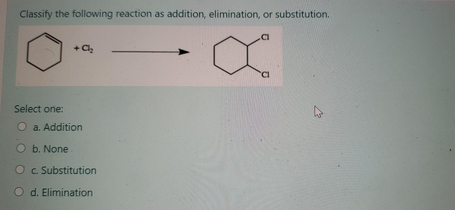 Solved Classify the following reaction as addition, | Chegg.com