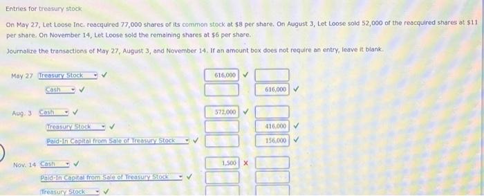 Solved Entries for treasury stock On May 27, Let Loose Inc. | Chegg.com