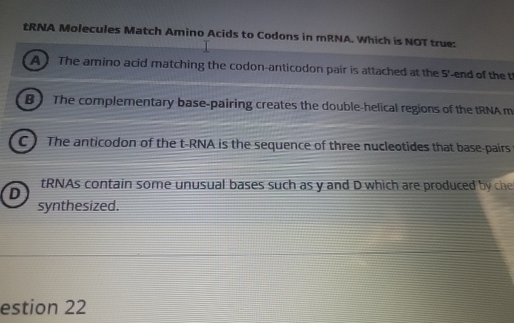 Solved tRNA Molecules Match Amino Acids to Codons in mRNA. | Chegg.com