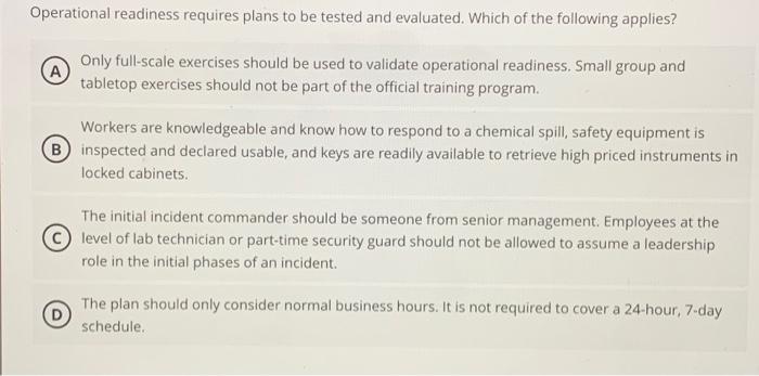 Solved Operational readiness requires plans to be tested and | Chegg.com