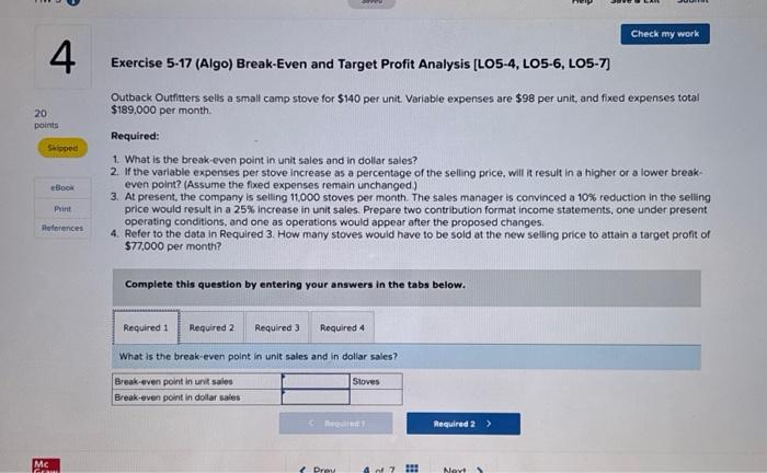 Solved Exercise 5-17 (Algo) Break-Even and Target Profit | Chegg.com