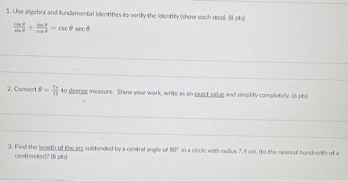 Solved 1. Use algebra and fundamental identities to verify | Chegg.com