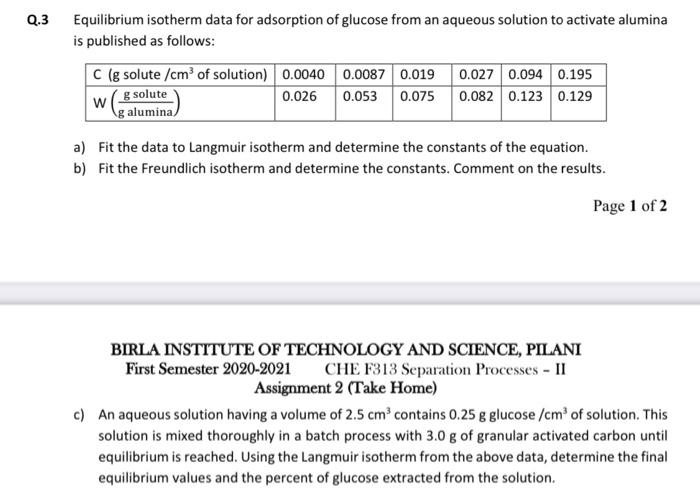 Solved Q.3 Equilibrium isotherm data for adsorption of | Chegg.com
