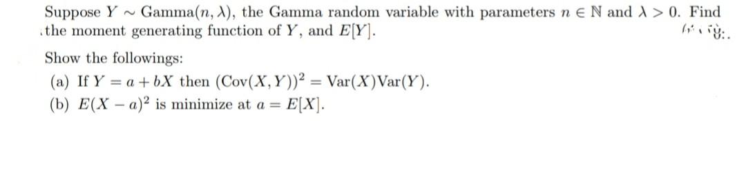 Solved A Suppose Y Gamma(n,1), the Gamma random variable | Chegg.com