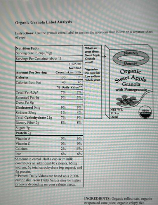 Solved Organic Granola Label Analysis Instructions: Use the | Chegg.com