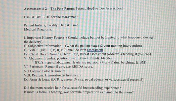 Solved Assessment \# 2 - The Post-Partum Patient Head-to Toe | Chegg.com