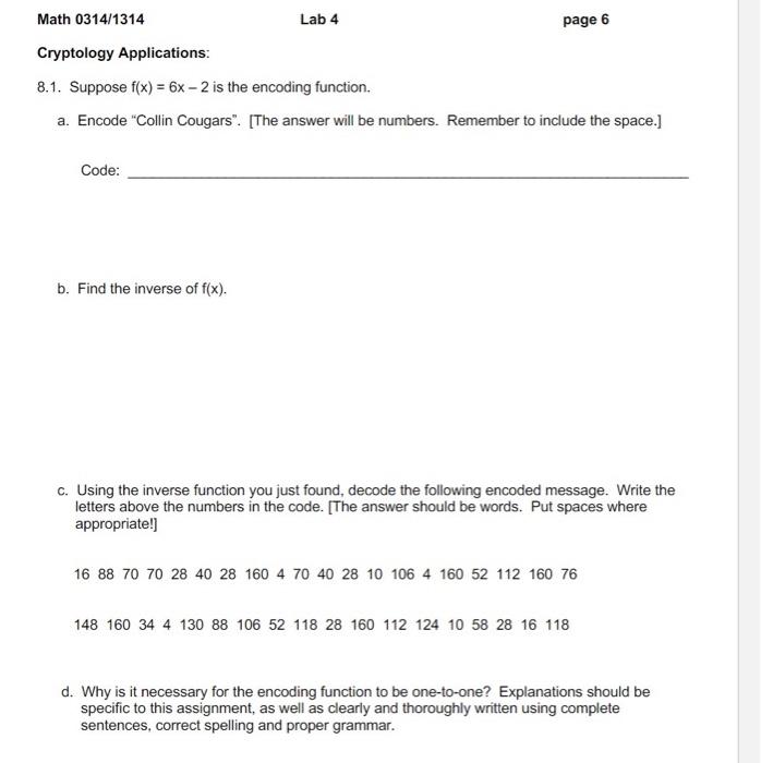 Solved page 5 Math 0314/1314 Lab 4 8. Cryptology is the | Chegg.com