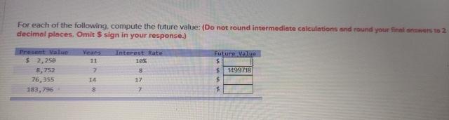 Solved For each of the following, compute the future value: | Chegg.com