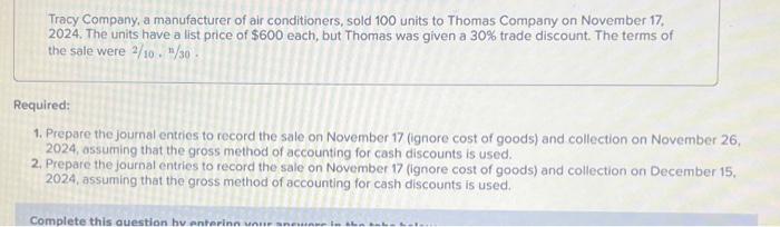 Solved Tracy Company, a manufacturer of air conditioners, | Chegg.com