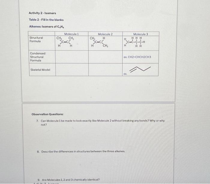 Activity 2-Isomers Table 3 Alkynes Draw all the | Chegg.com