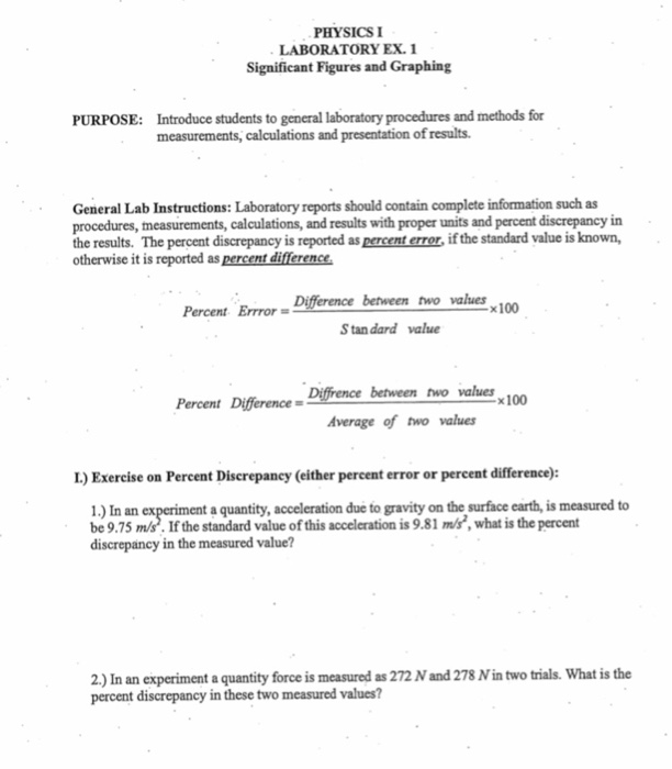 Solved PHYSICS I LABORATORY EX. 1 Significant Figures and | Chegg.com