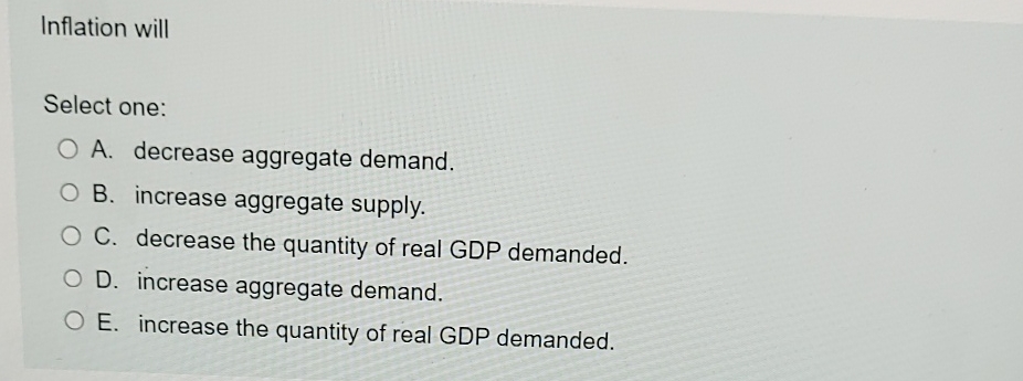 Solved Inflation willSelect one:A. ﻿decrease aggregate | Chegg.com