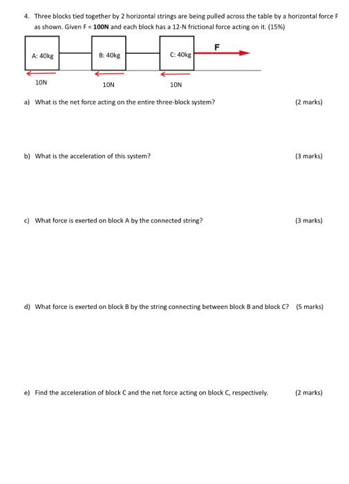 Solved 4. Three blocks tied together by 2 horizontal strings | Chegg.com