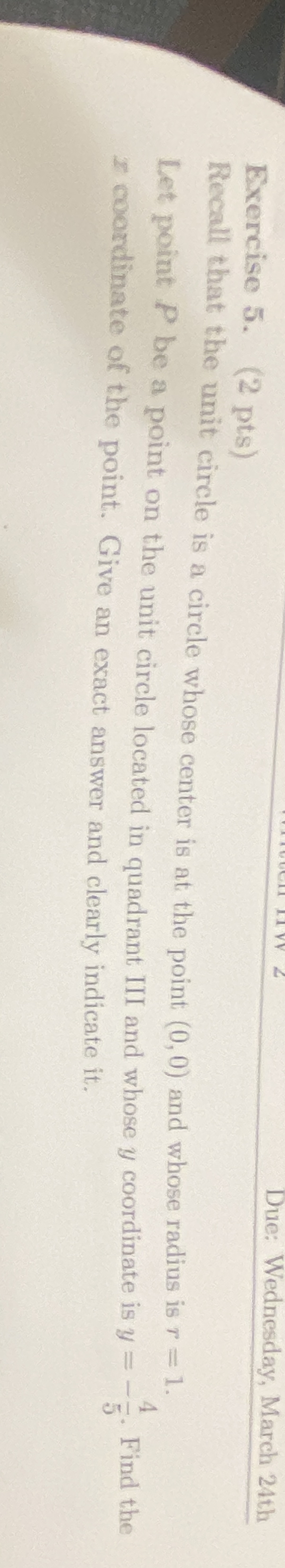 Solved Exercise 5. (2 ﻿pts)Due: Wednesday, March 24thRecall | Chegg.com