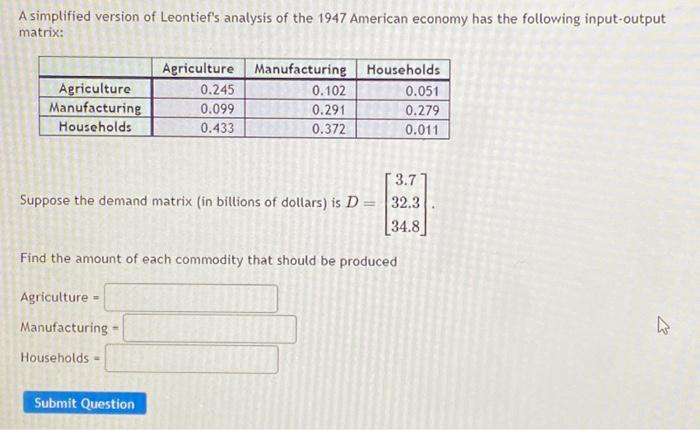 Solved A simplified version of Leontief's analysis of the | Chegg.com