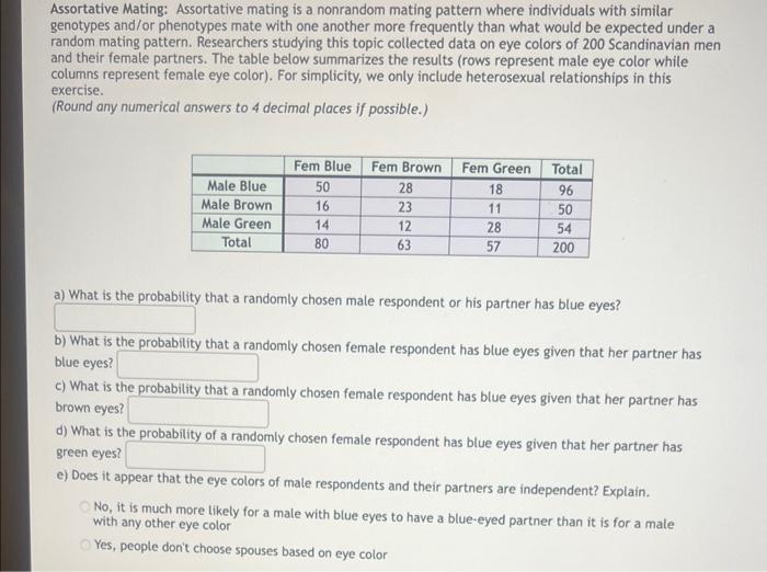 Solved Assortative Mating: Assortative mating is a nonrandom | Chegg.com