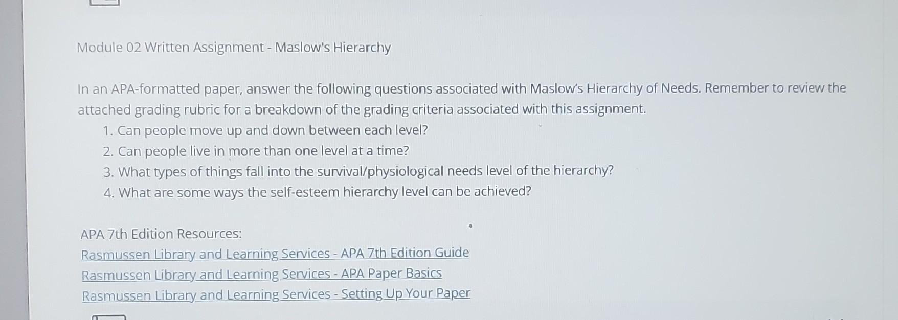 Solved Module 02 Written Assignment - Maslow's Hierarchy In | Chegg.com