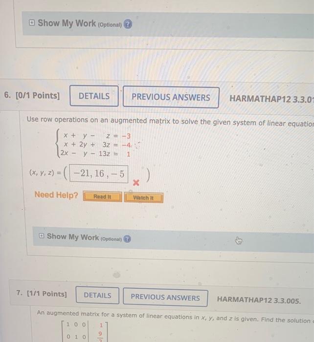 Solved Use row operations on an augmented matrix to solve | Chegg.com