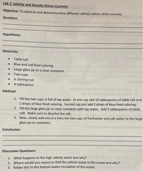 Solved Lab 2: Salinity and Density-Driven Currents | Chegg.com