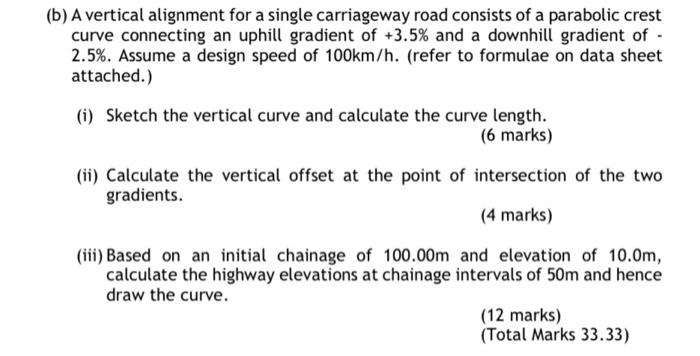 Solved (b) A vertical alignment for a single carriageway | Chegg.com