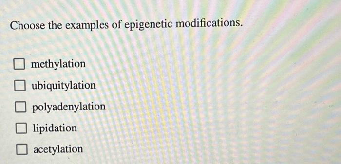Solved Choose the examples of epigenetic modifications. | Chegg.com